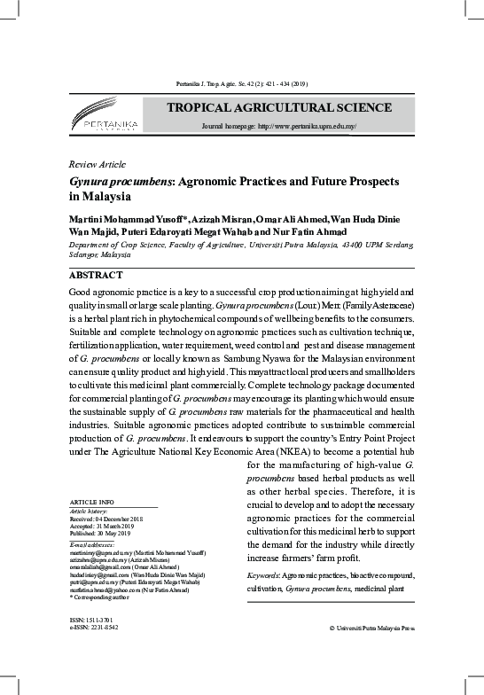 (PDF) Gynura procumbens: agronomic practices and future prospects in Malaysia