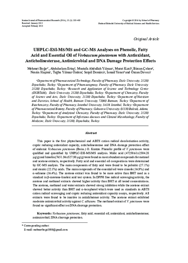 (PDF) UHPLC-ESI-MS/MS and GC-MS Analyses on Phenolic, Fatty Acid and Essential Oil of Verbascum ...