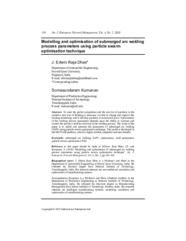 Pdf Modelling And Optimisation Of Submerged Arc Welding Process Parameters Using Particle