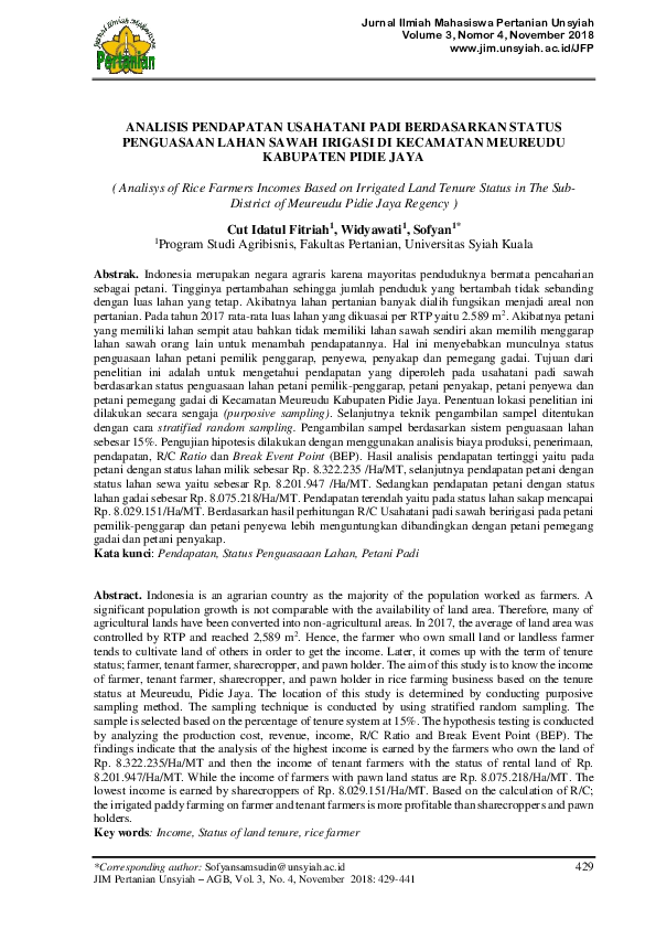 (PDF) Analisis Pendapatan Ushatani Padi berdasarkan Status Penguasaan ...
