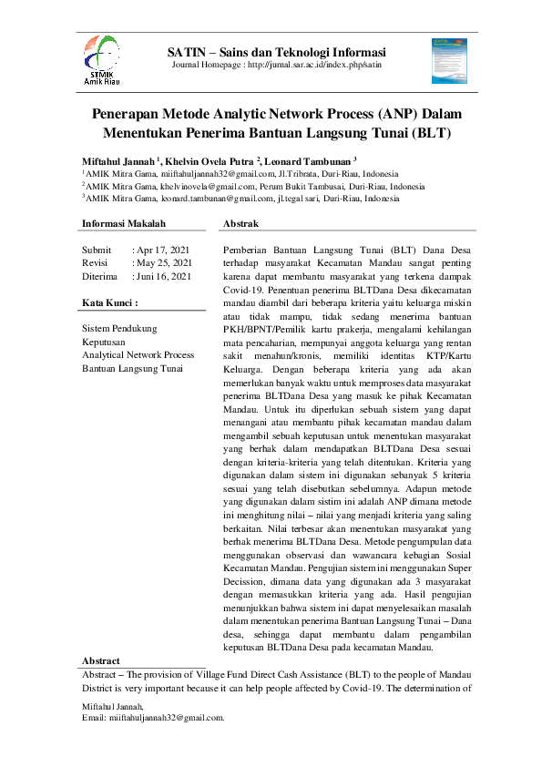 (PDF) Penerapan Metode Analytic Network Process (ANP) Dalam Menentukan Penerima Bantuan Langsung ...
