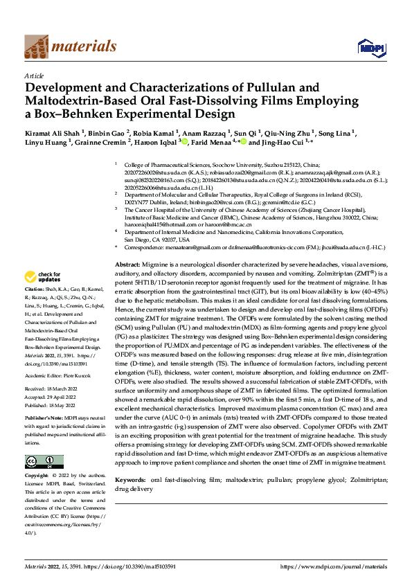 (PDF) Development and Characterizations of Pullulan and Maltodextrin-Based Oral Fast-Dissolving ...