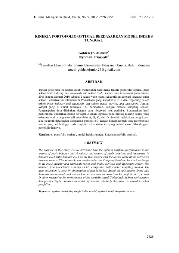 (PDF) Kinerja Portofolio Optimal Berdasarkan Model Indeks Tunggal