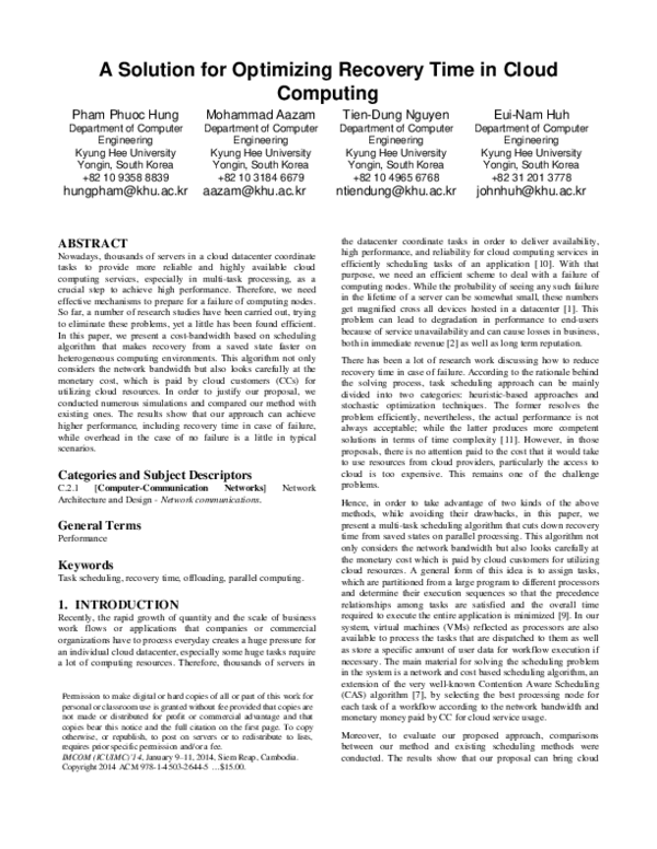 (PDF) A solution for optimizing recovery time in cloud computing