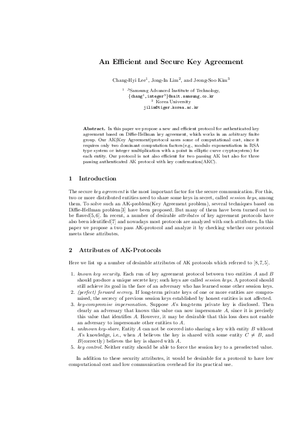 (PDF) An Efficient Key Agreement Protocol for Secure Authentication