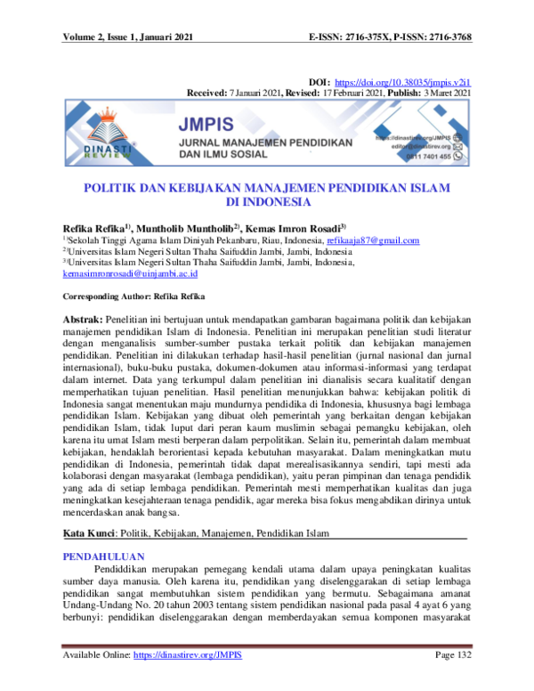 (PDF) Politik Dan Kebijakan Manajemen Pendidikan Islam DI Indonesia