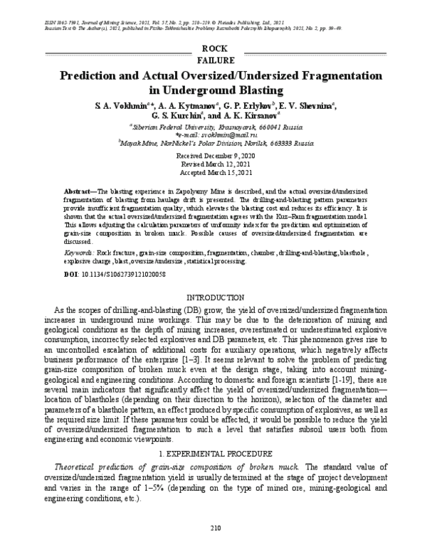 Pdf Prediction And Actual Oversized Undersized Fragmentation In Underground Blasting