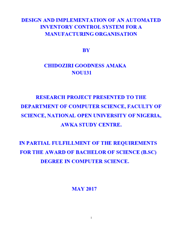(DOC) DESIGN AND IMPLEMENTATION OF AN AUTOMATED INVENTORY CONTROL SYSTEM FOR A MANUFACTURING ...
