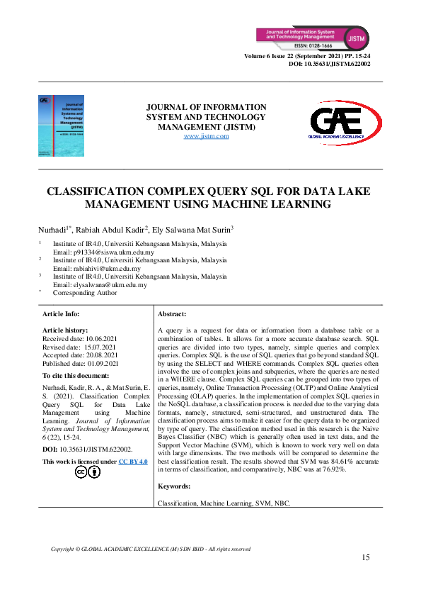 (PDF) Classification Complex Query SQL for Data Lake Management Using ...