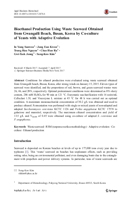 (PDF) Bioethanol Production Using Waste Seaweed Obtained from Gwangalli ...