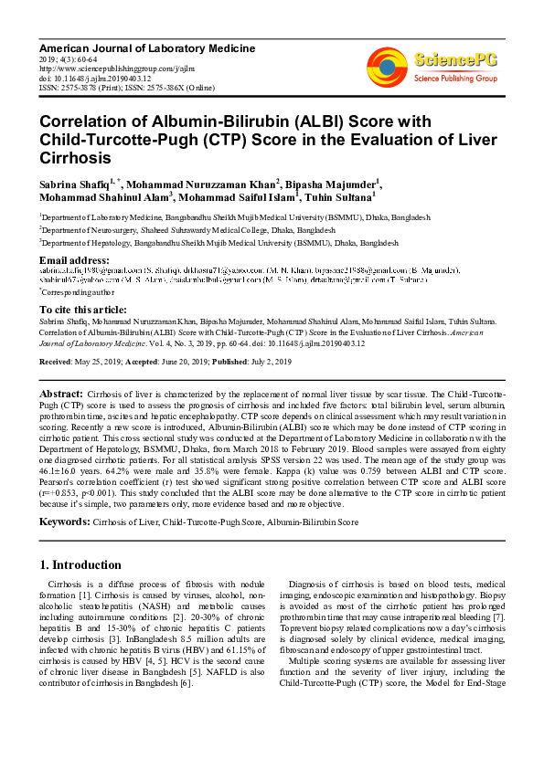 (PDF) Correlation of Albumin-Bilirubin (ALBI) Score with Child-Turcotte-Pugh (CTP) Score in the ...