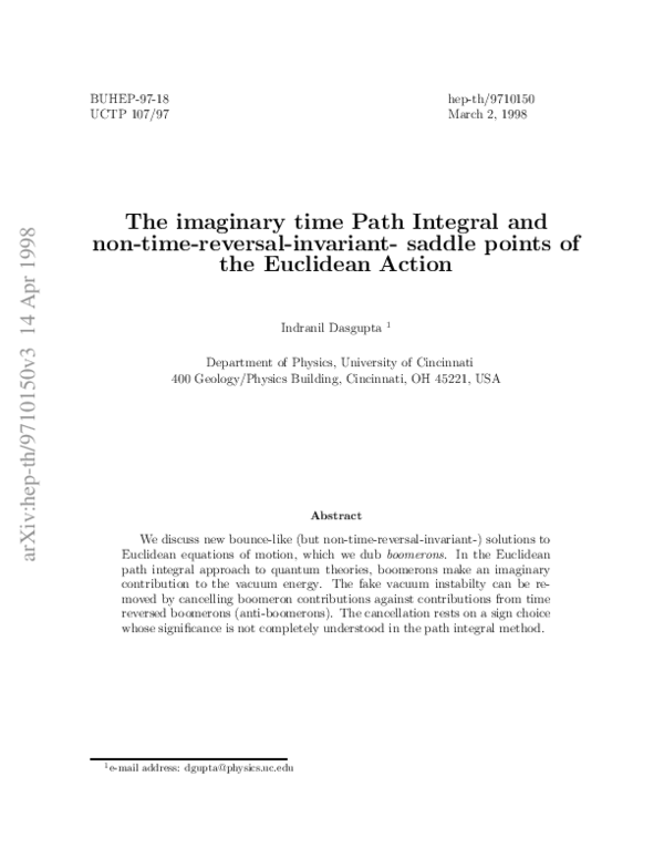 Pdf The Imaginary Time Path Integral And Non Time Reversal Invariant Saddle Points Of The