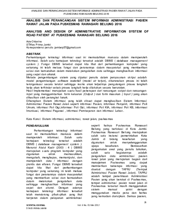 (PDF) Analisis dan Perancangan Sistem Informasi Administrasi Pasien Rawat Jalan pada Puskesmas ...