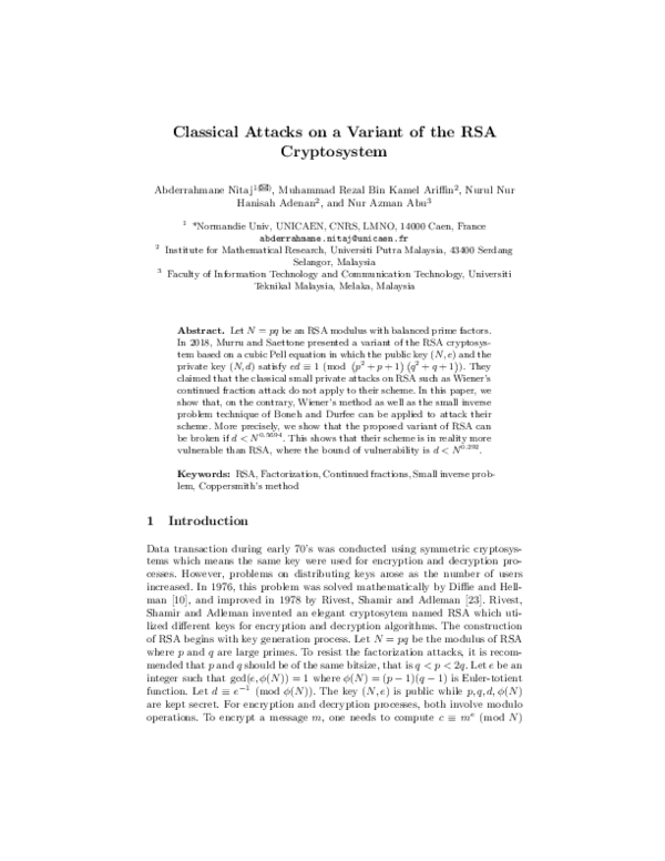 (PDF) Classical Attacks on a Variant of the RSA Cryptosystem