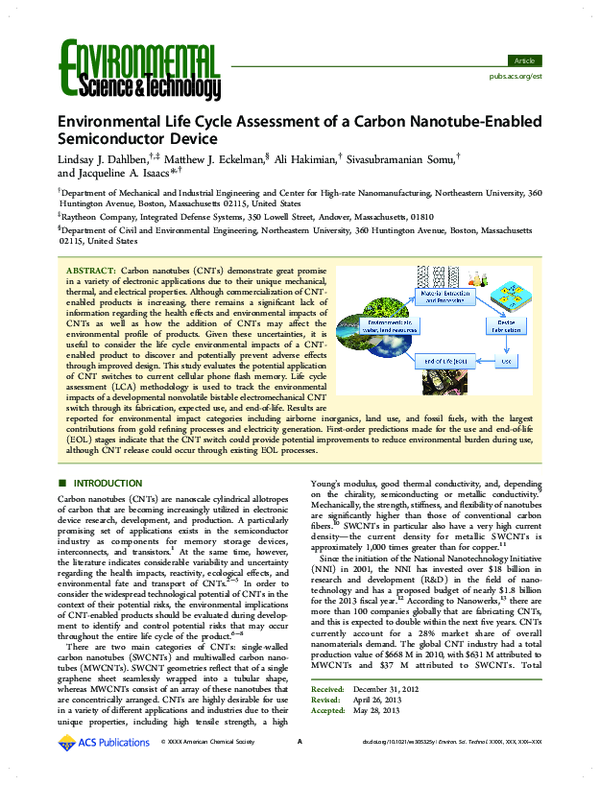 (PDF) Environmental Life Cycle Assessment of a Carbon Nanotube-Enabled Semiconductor Device