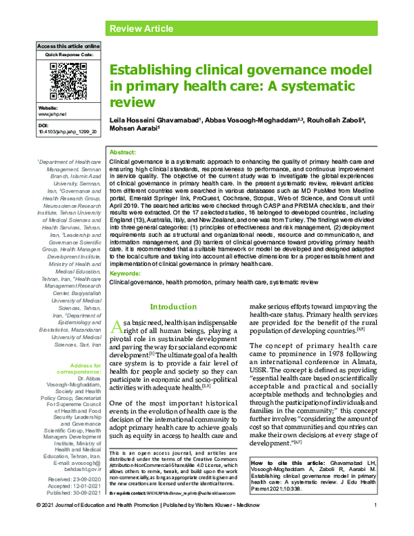 (PDF) Establishing clinical governance model in primary health care: A ...