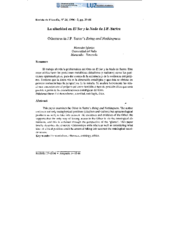 (PDF) La alteridad en el ser y la nada de J.P. Sartre