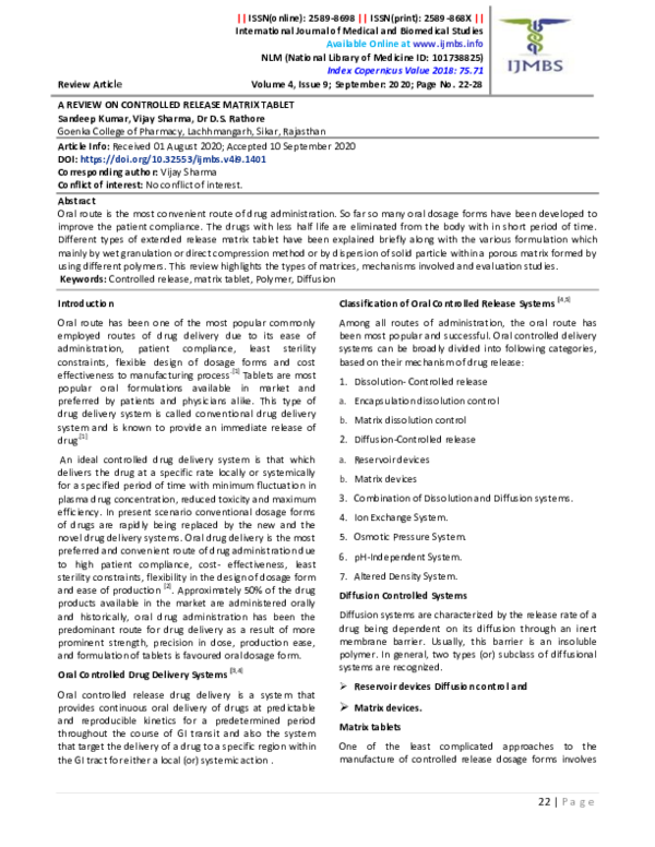 Pdf A Review On Controlled Release Matrix Tablet