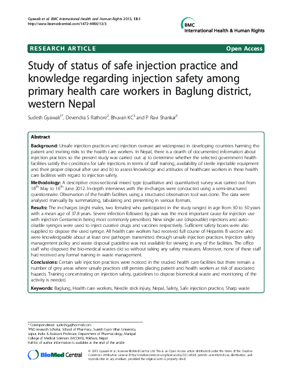 (PDF) Study of status of safe injection practice and knowledge ...