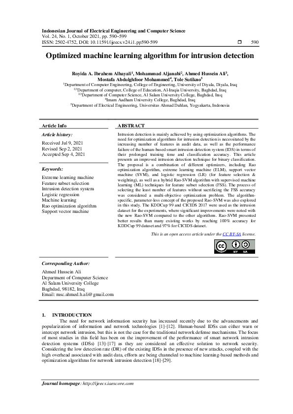 Pdf Optimized Machine Learning Algorithm For Intrusion Detection