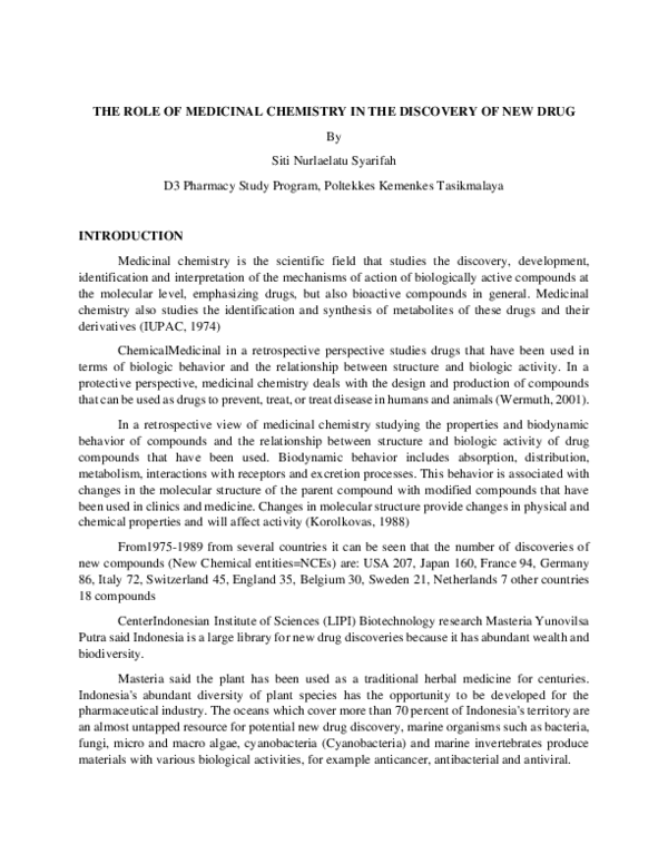 (PDF) THE ROLE OF MEDICINAL CHEMISTRY IN THE DISCOVERY OF NEW DRUG