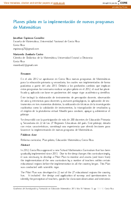 (PDF) Planes piloto en la implementación de nuevos programas de Matemáticas