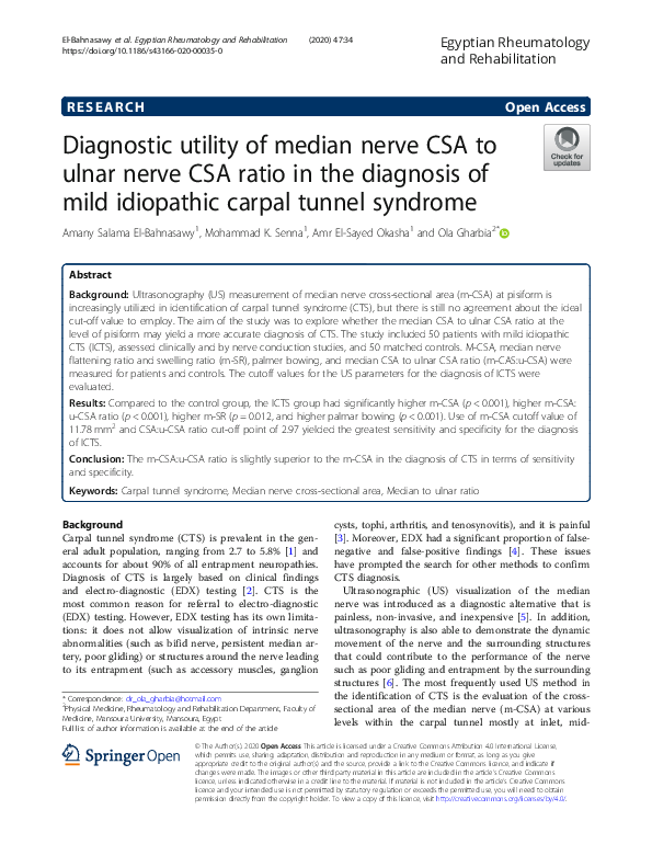 (PDF) Diagnostic utility of median nerve CSA to ulnar nerve CSA ratio ...