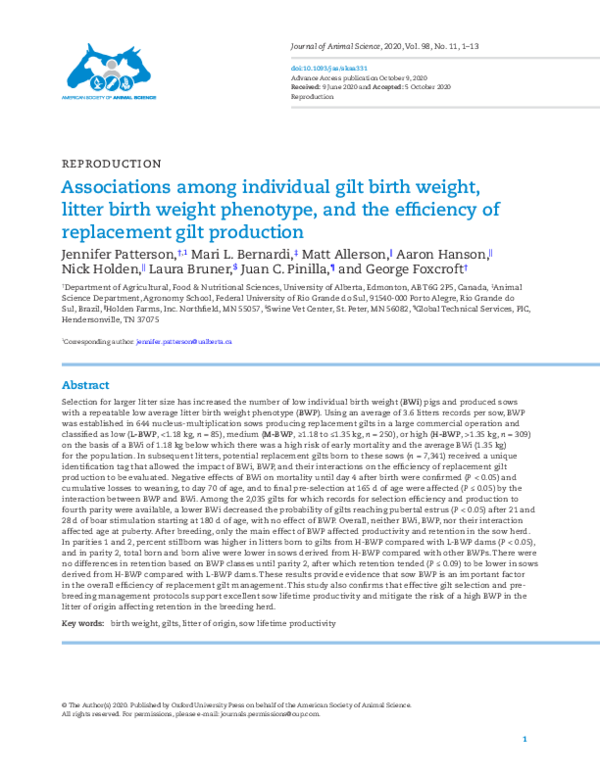 (PDF) Associations among individual gilt birth weight, litter birth ...