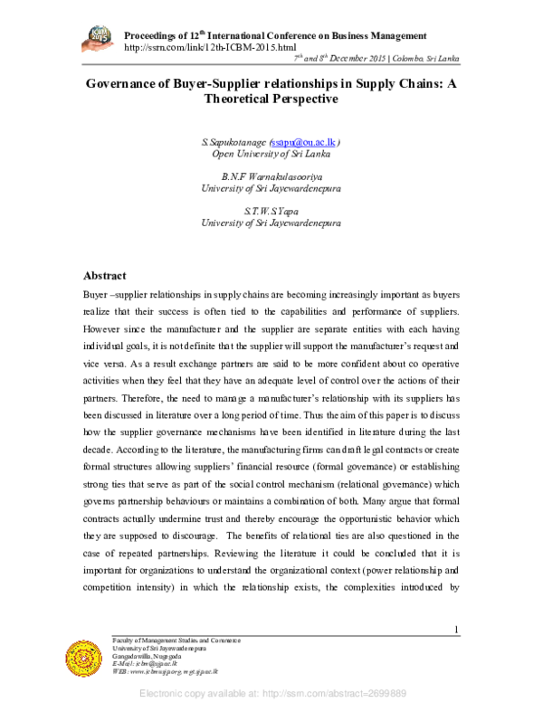 (PDF) Governance of Buyer-Supplier Relationships in Supply Chains: A Theoretical Perspective