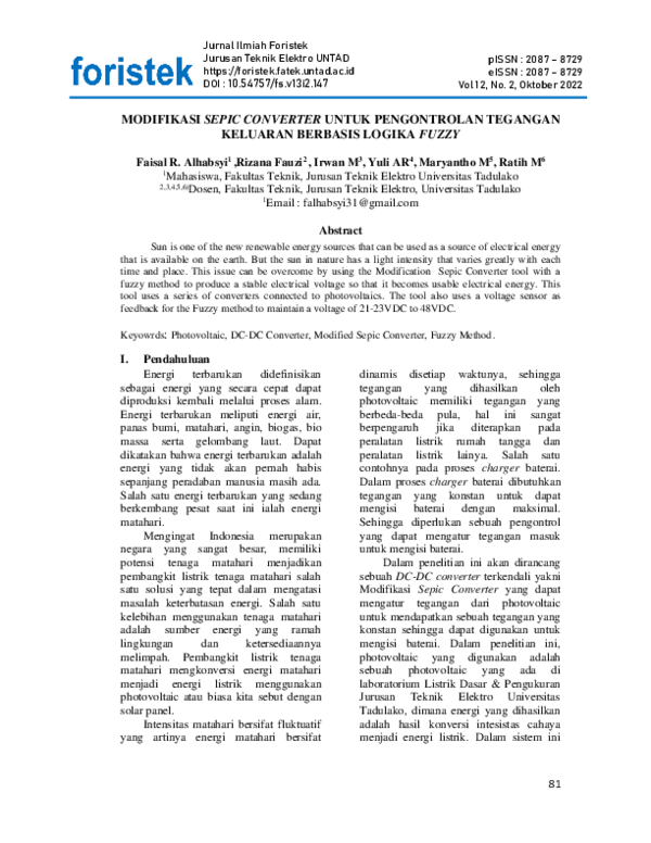 (PDF) Modifikasi Sepic Converter Untuk Pengontrolan Tegangan Keluaran Berbasis Logika Fuzzy