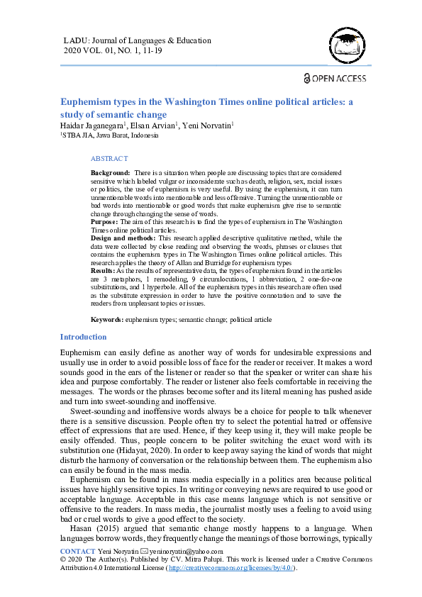 (PDF) Euphemism types in the Washington Times online political articles
