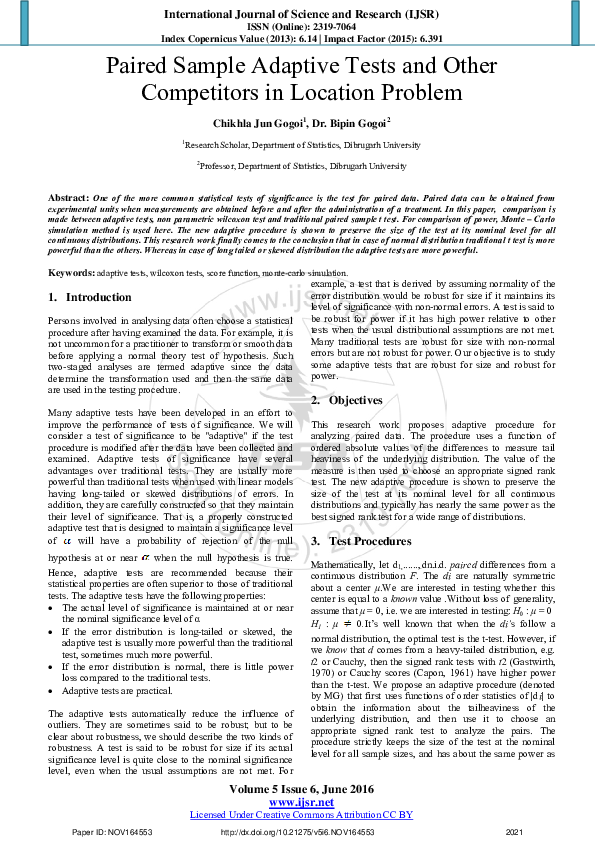(PDF) Paired Sample Adaptive Tests and Other Competitors in Location ...