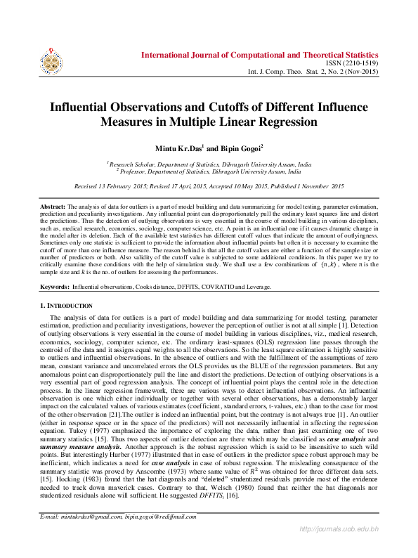 (PDF) Observations and Cutoffs of Different Influence Measures in Multiple Linear Regression
