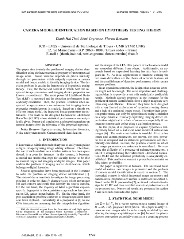 (PDF) Camera model identification Based on hypothesis testing theory