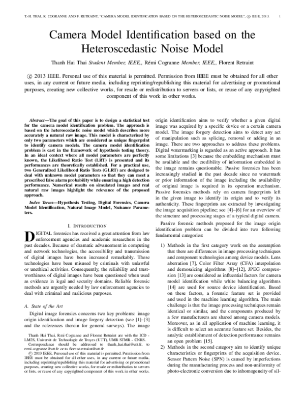 (PDF) Camera Model Identification Based on the Heteroscedastic Noise Model