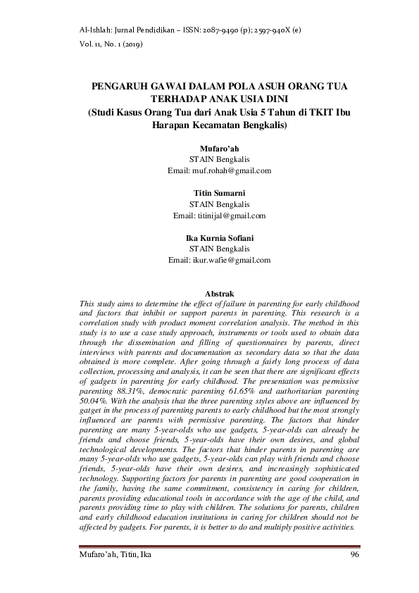 (PDF) PENGARUH GAWAI DALAM POLA ASUH ORANG TUA TERHADAP ANAK USIA DINI (Studi Kasus Orang Tua ...