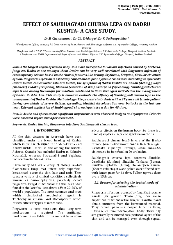 (PDF) EFFECT OF SAUBHAGYADI CHURNA LEPA ON DADRU KUSHTA-A CASE STUDY