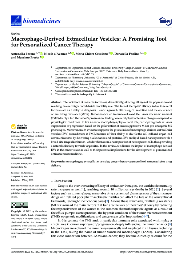(PDF) Macrophage-Derived Extracellular Vesicles: A Promising Tool for Personalized Cancer Therapy