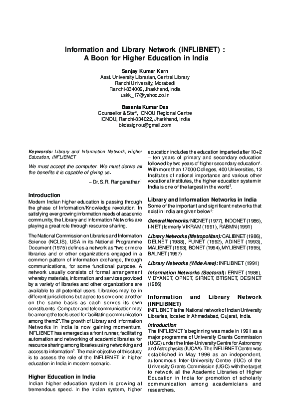 (PDF) Information and Library Network (INFLIBNET): A Boon for Higher ...