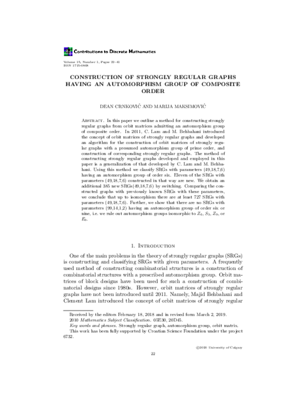 (PDF) Construction of strongly regular graphs having an automorphism group of composite order