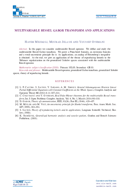 Pdf Multivariable Bessel Gabor Transform And Applications