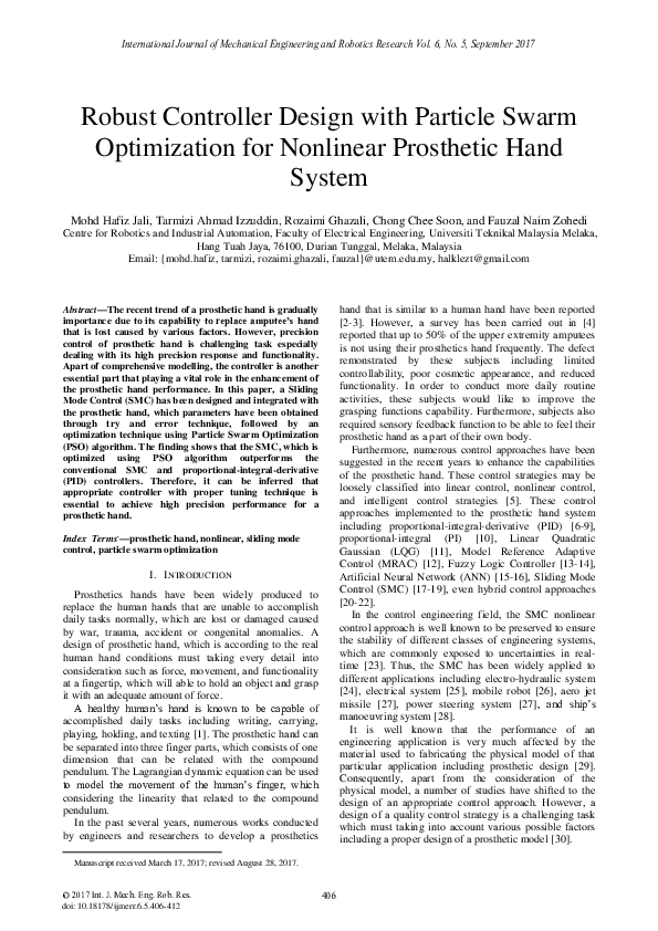 (PDF) Robust Controller Design with Particle Swarm Optimization for Nonlinear Prosthetic Hand System