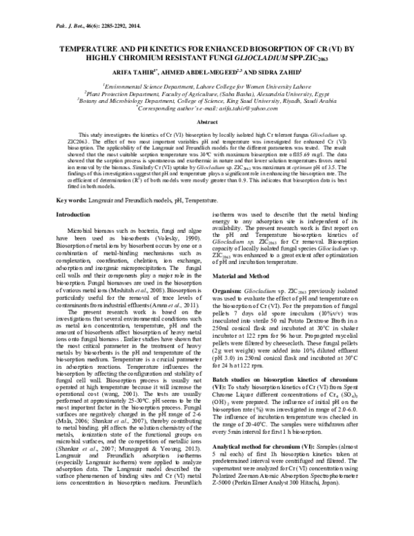 (PDF) Temperature and PH Kinetics for Enhanced Biosorption of CR (VI ...