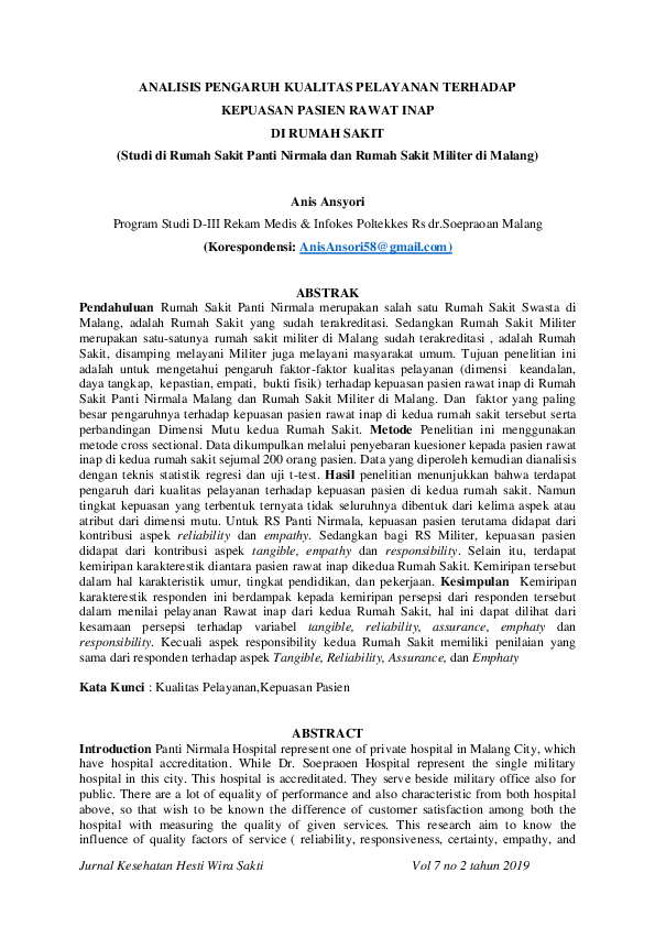 (PDF) ANALISIS PENGARUH KUALITAS PELAYANAN TERHADAP KEPUASAN PASIEN RAWAT INAP DI RUMAH SAKIT ...