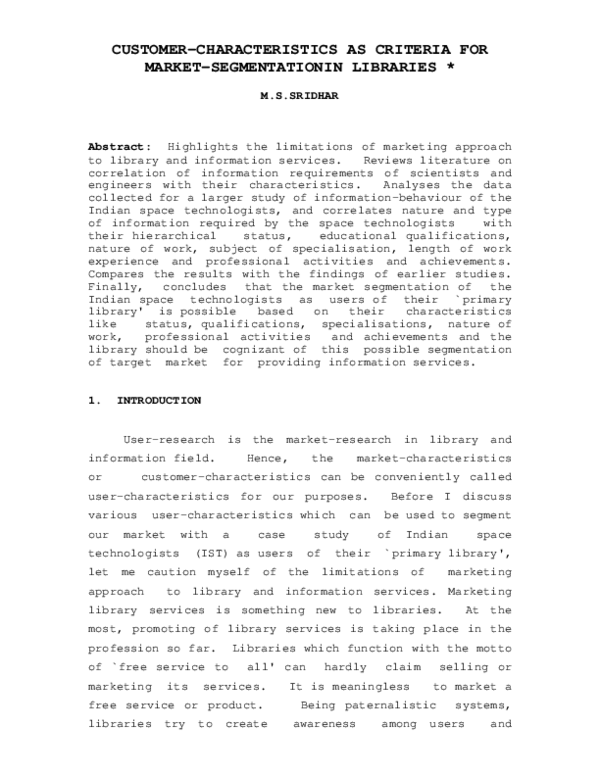 (PDF) Customer-characteristics as criteria for market-segmentation in libraries