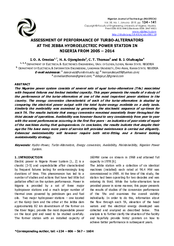 (PDF) Assessment of performance of turbo-alternators at the Jebba ...