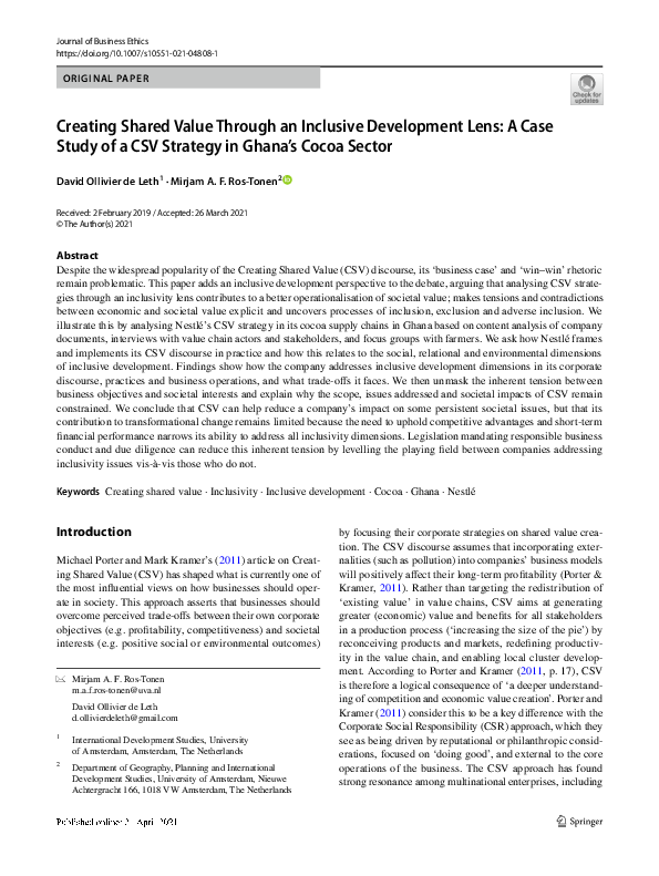 (PDF) Creating Shared Value Through an Inclusive Development Lens: A ...
