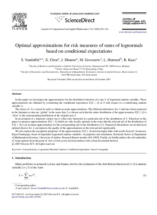 (PDF) Optimal approximations for risk measures of sums of lognormals based on conditional ...