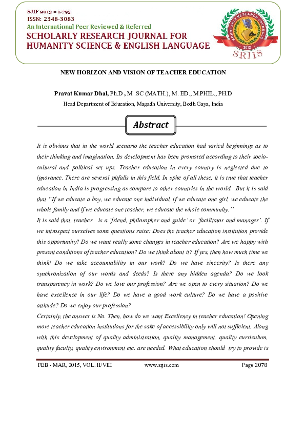 (PDF) New Horizon and Vision of Teacher Education