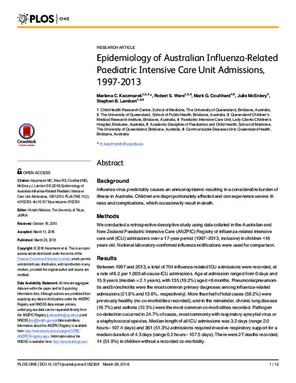 (PDF) Epidemiology of Australian Influenza-Related Paediatric Intensive ...